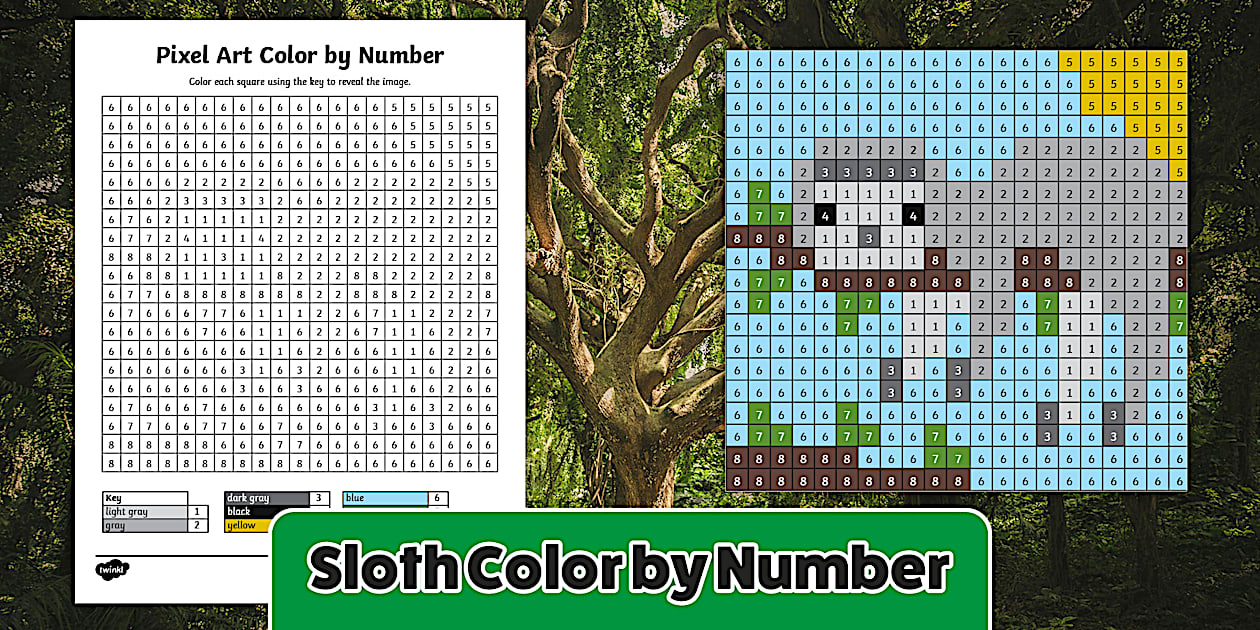 Sloth Pixel Art Color by Number Worksheet (teacher made)