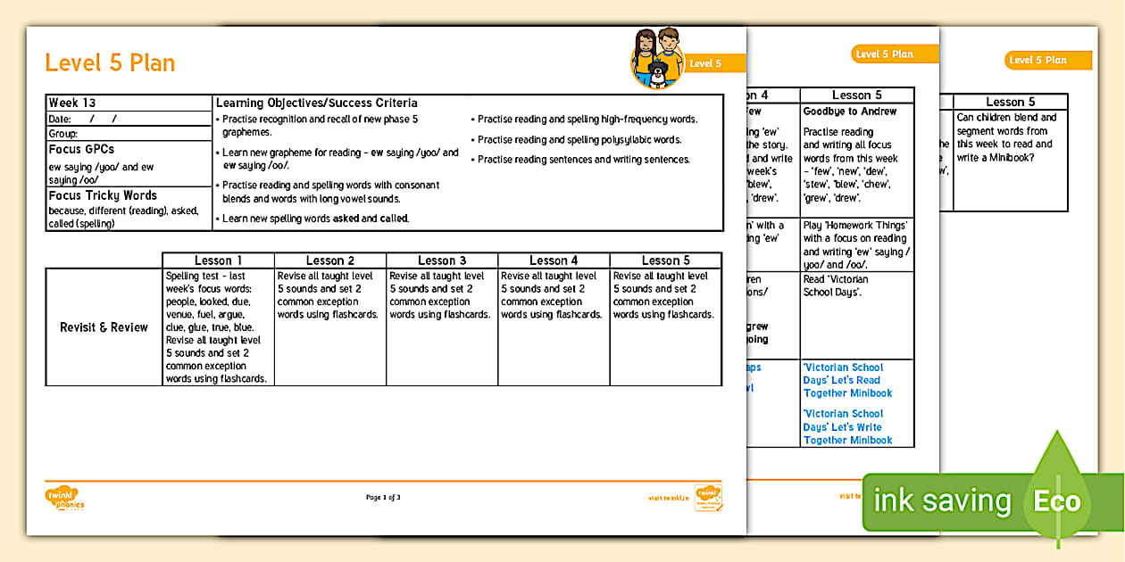 'ew' saying /yoo/ and /oo/ - Level 5 Week 13 Plan