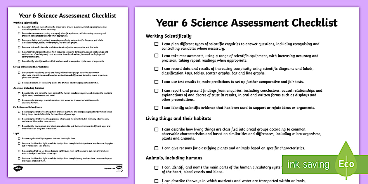 2014 National Curriculum Year 6 Science Assessment Individual Checklist