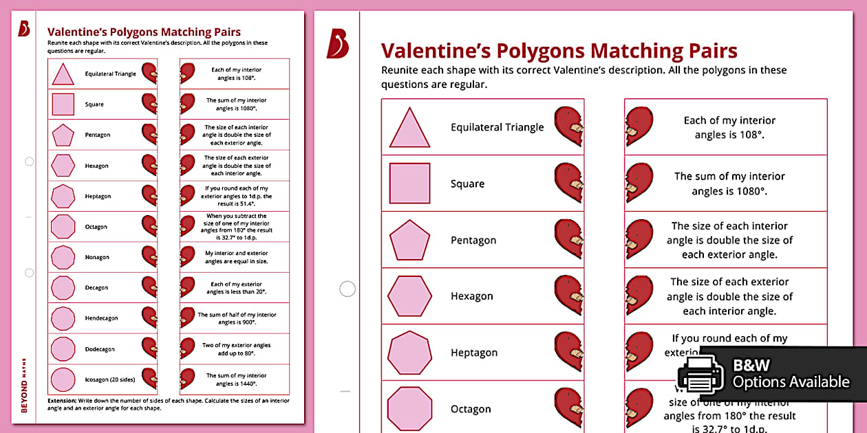 Valentine's Regular Polygons Matching Pairs Worksheet / Worksheets