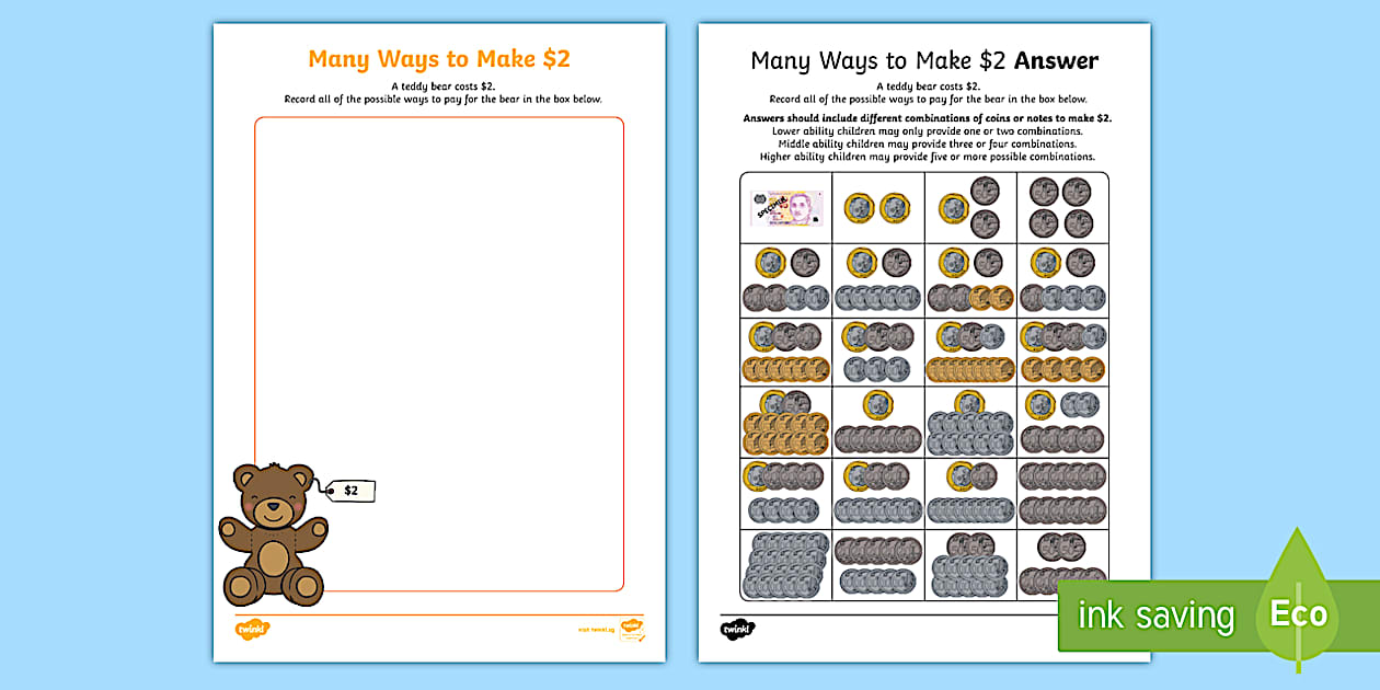 Many Ways to Make $2 Inquiry Worksheet / Worksheet - Twinkl