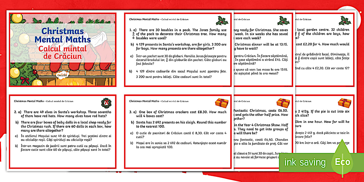 Year 4 Christmas Mental Maths Challenge Cards English/Romanian