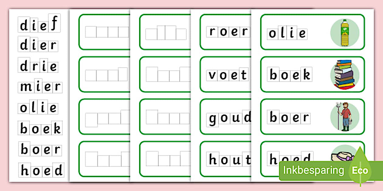 Bou Woorde Met Klanke -ie, -ou, -eu, -oe, -ei en -ui Woordkaarte