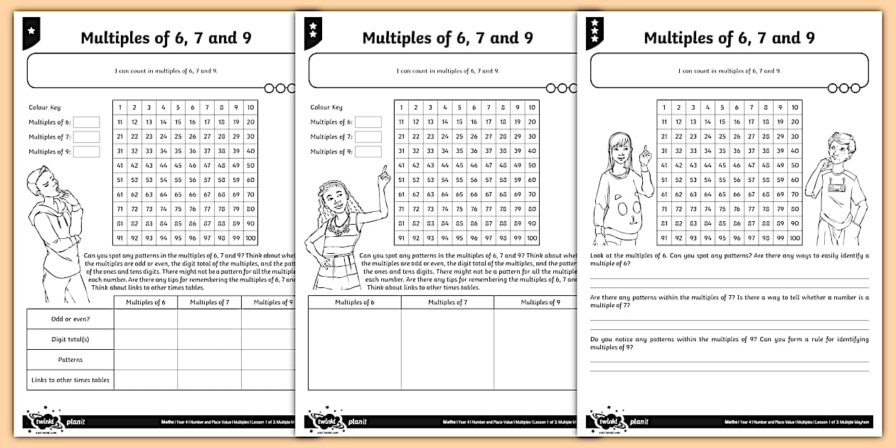 Multiples of 6, 7 and 9 Differentiated Worksheets - Twinkl