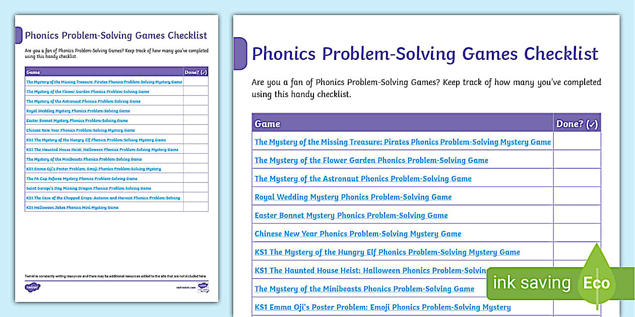 Phonics Problem-Solving Games Checklist - Twinkl