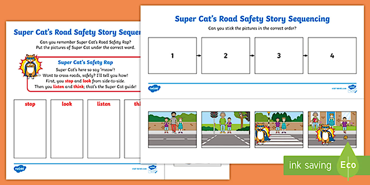 Super Cat's Road Safety Story Sequencing Activity - Twinkl