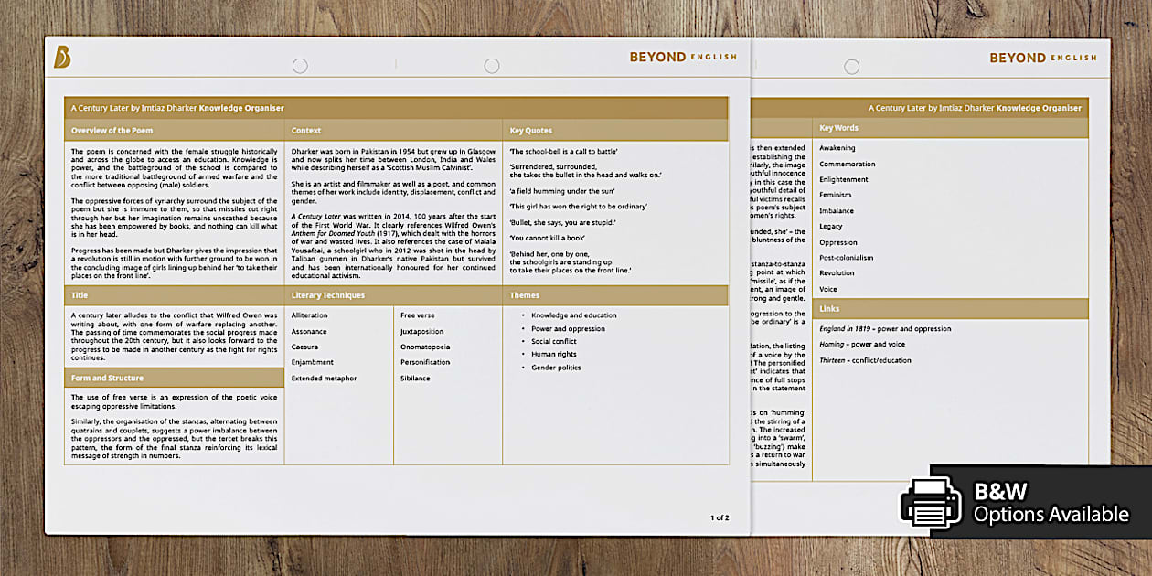 A Century Later Knowledge Organiser | English | Beyond