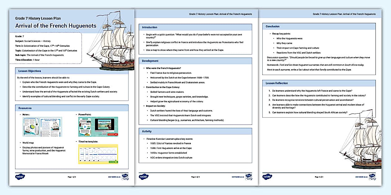 Grade 7 History Lesson Plan: Arrival of the French Huguenots