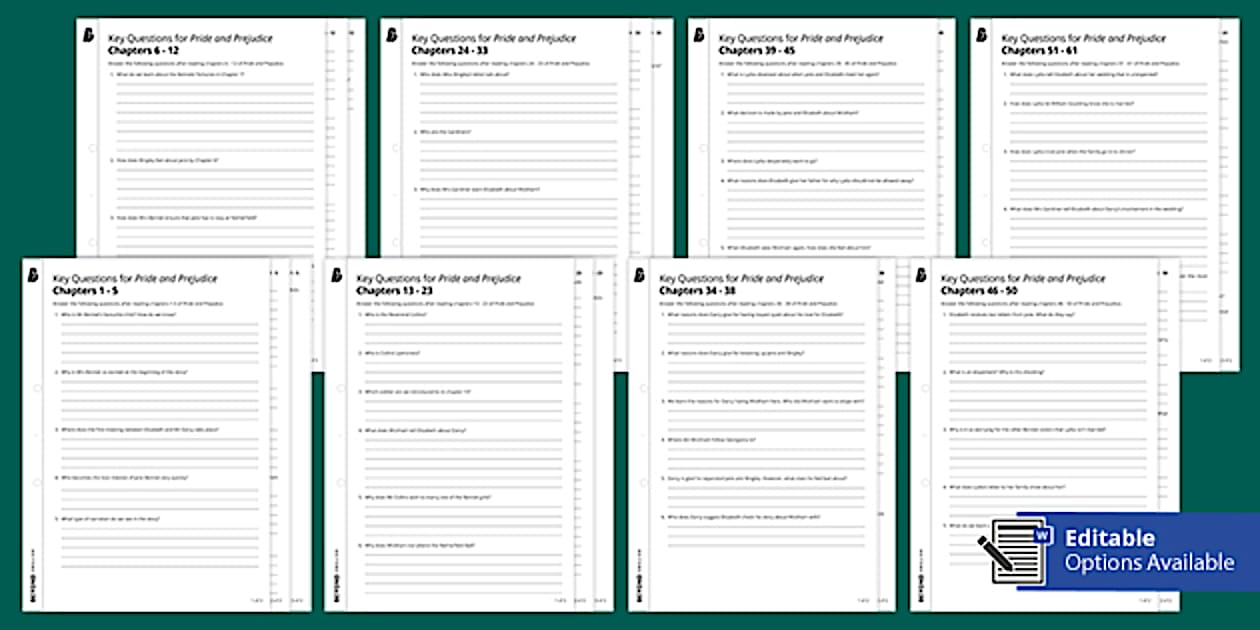 Editable Pride and Prejudice Comprehension Questions Activity Pack