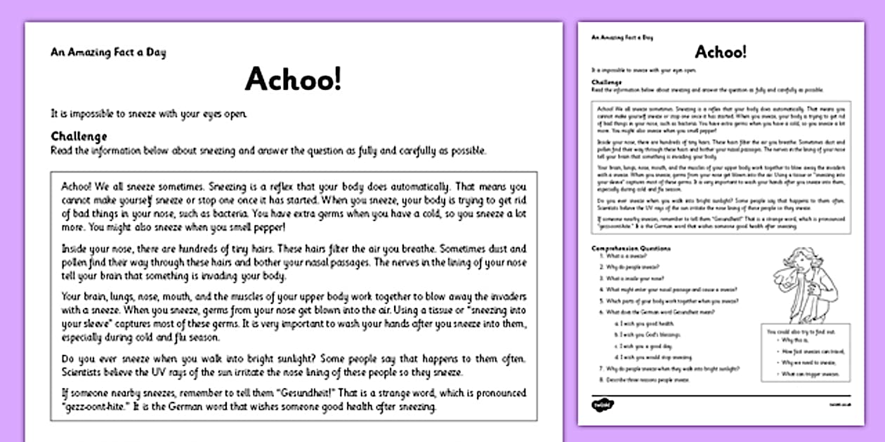 Achoo! Worksheet / Worksheet (teacher made) - Twinkl