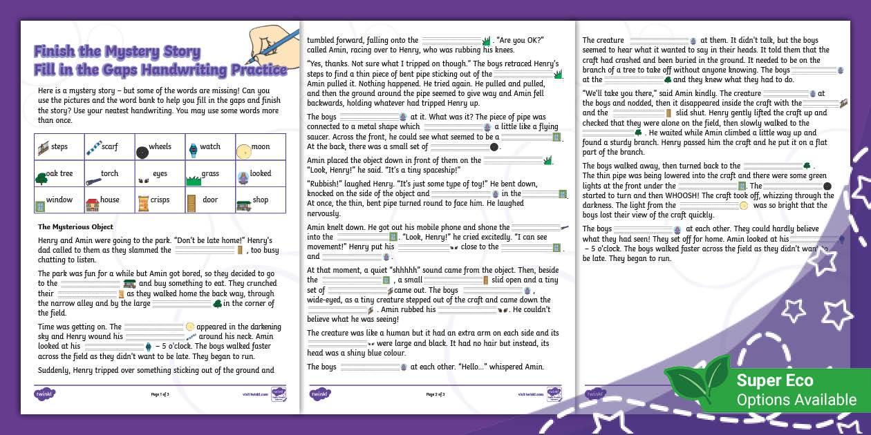 Mystery Story Fill The Gaps Handwriting Practice Ages 5-7