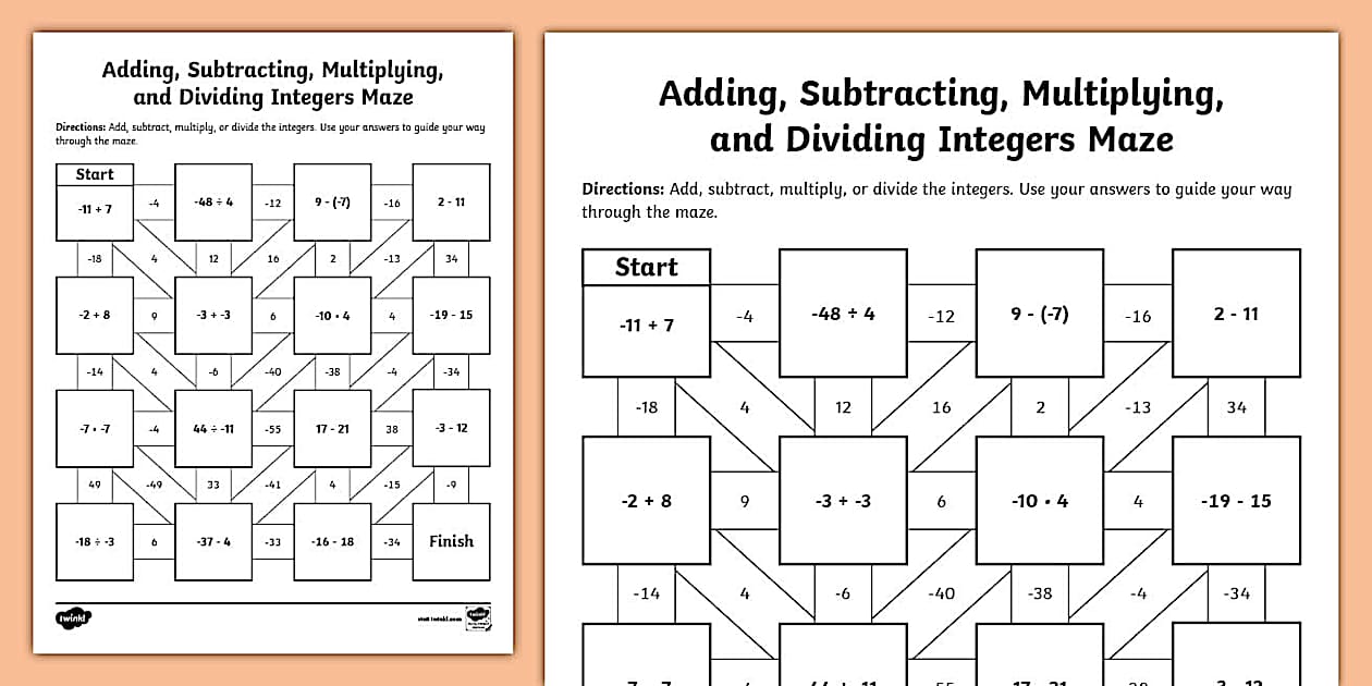 Adding Subtracting Multiplying and Dividing Integers Maze