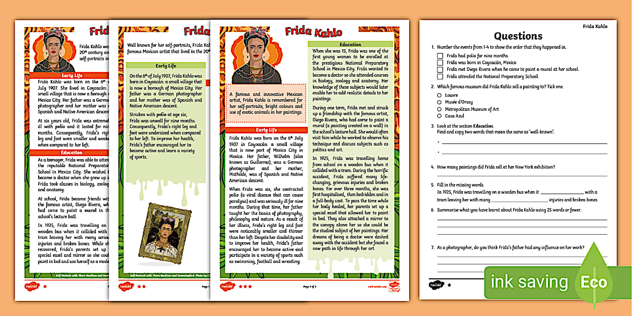 UKS2 Frida Kahlo Reading Comprehension Activity - Twinkl