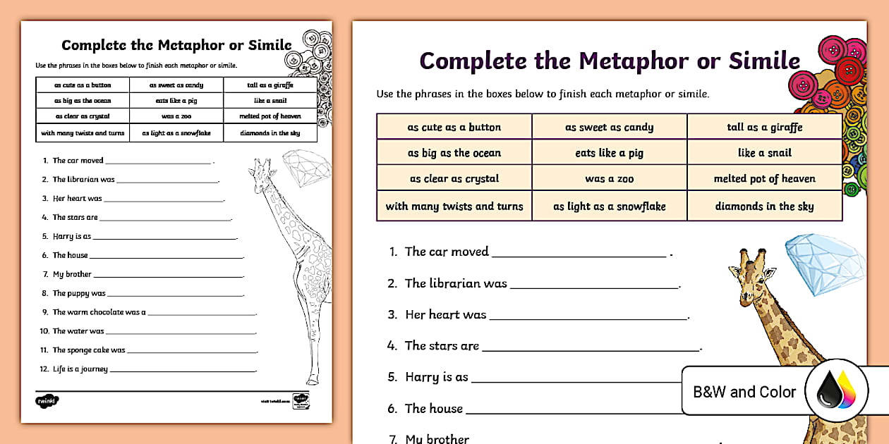 Complete the Metaphor or Simile Worksheet for 6th-8th Grade