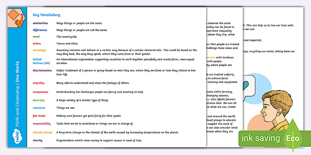 PSHE: LKS2 One World - Knowledge Organiser (teacher made)
