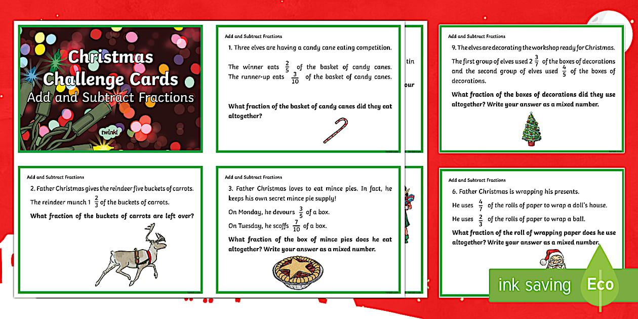 UKS2 Add and Subtract Fractions Christmas Challenge Cards