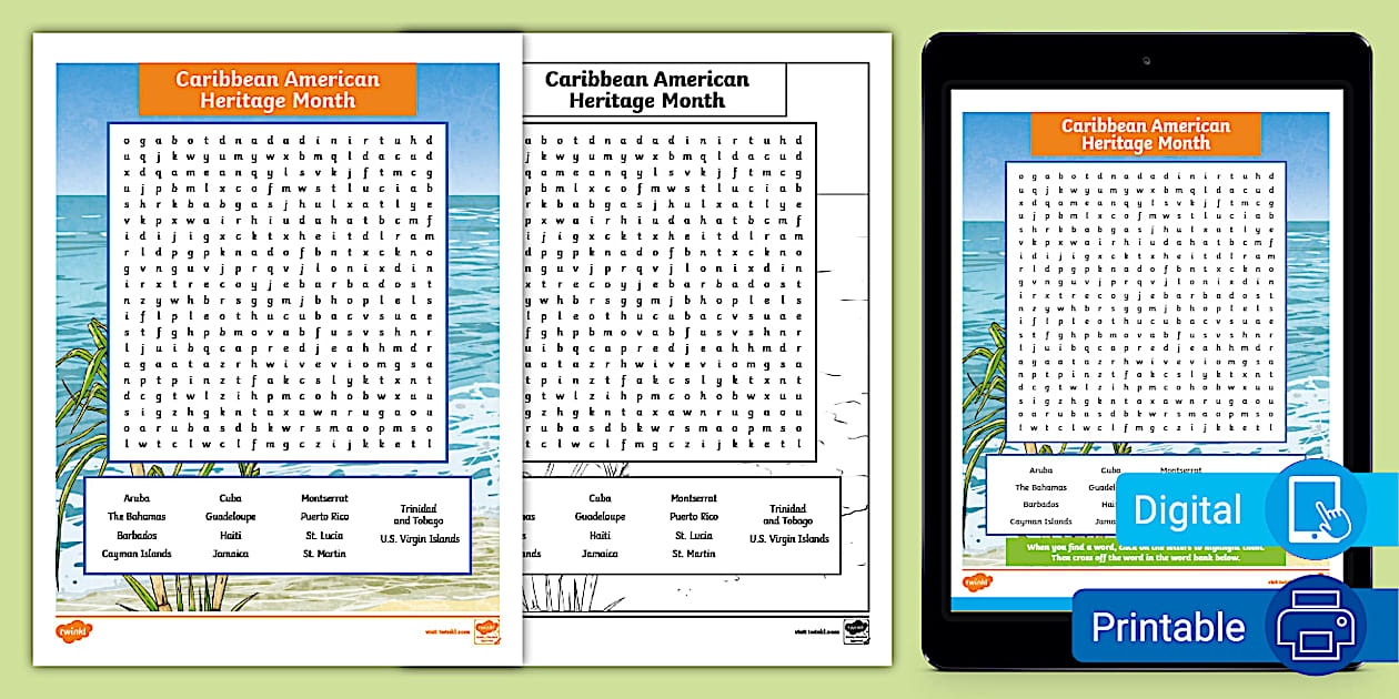 Caribbean American Heritage Month Word Search for 3rd-5th Grade