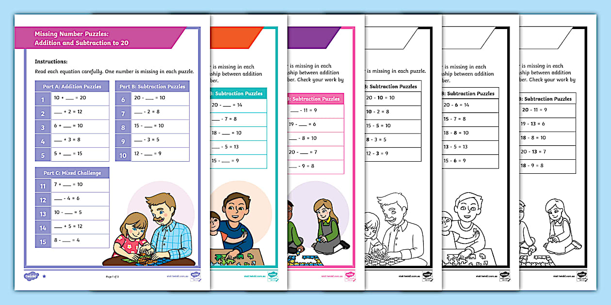 Missing Number Puzzles: Addition and Subtraction to 20