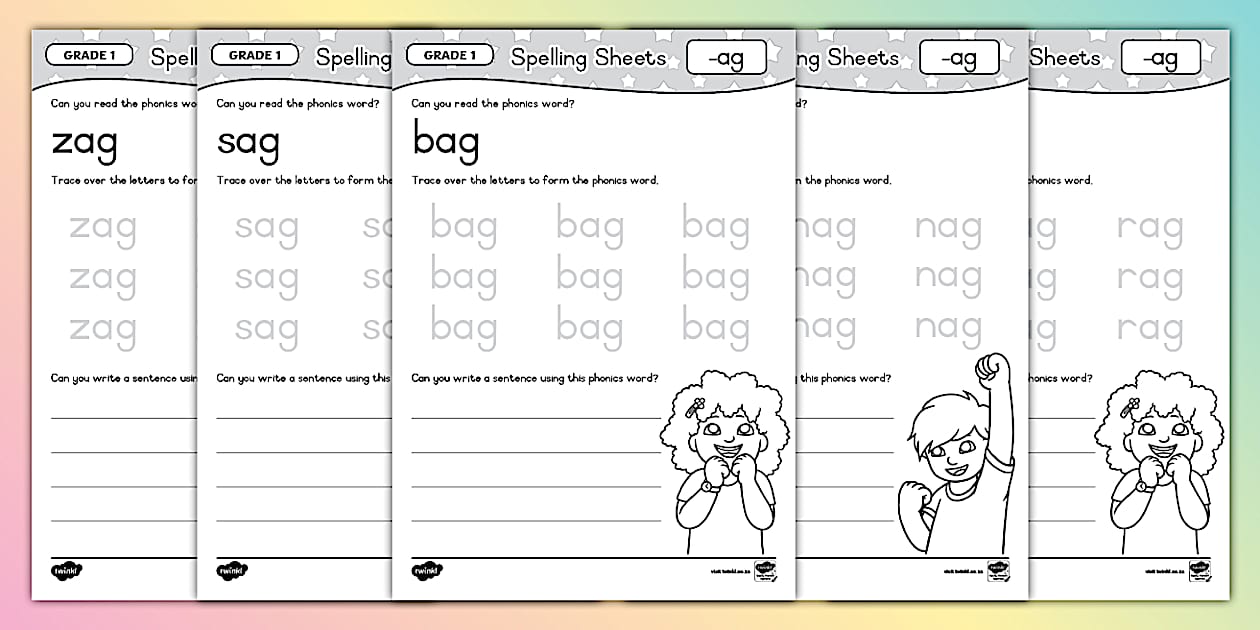 Grade 1 English - Phonics - Worksheet: Spelling Sheets -ag