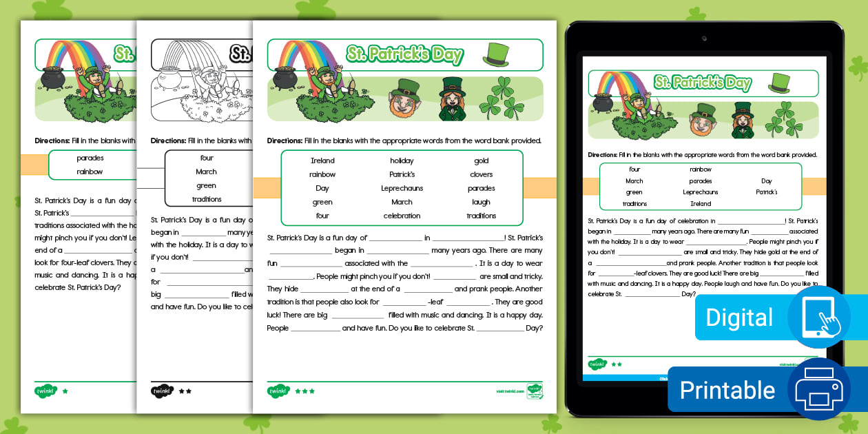 St. Patrick’s Day Differentiated Cloze Reading Worksheets