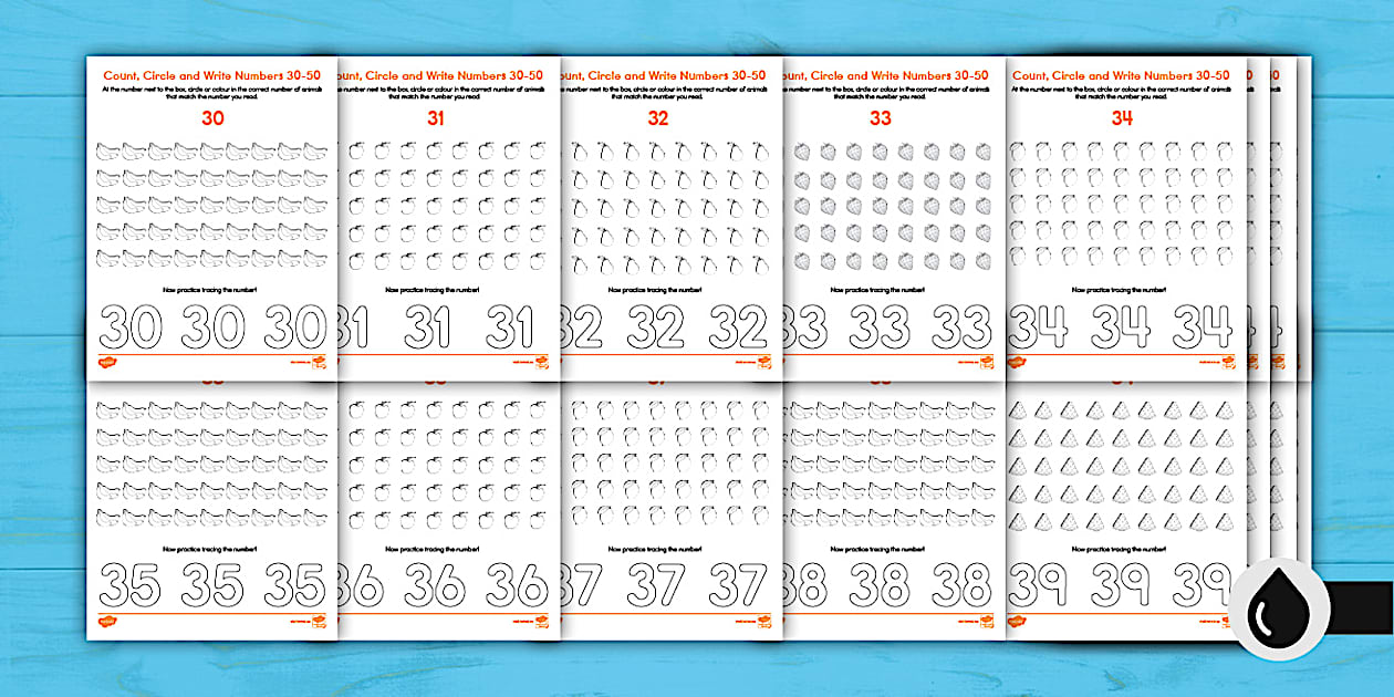Count, Circle and Write the Fruits Numbers 30-50 - Twinkl