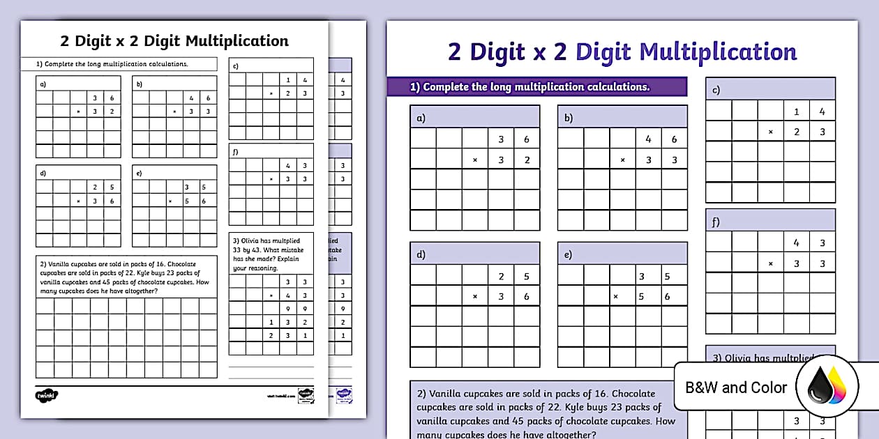 2 Digit x 2 Digit Multiplication Practice Activity - Twinkl