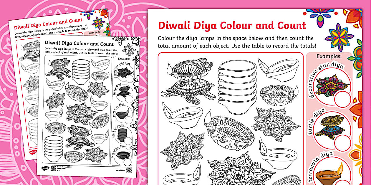 👉 Diwali Diya Colour and Count Worksheet