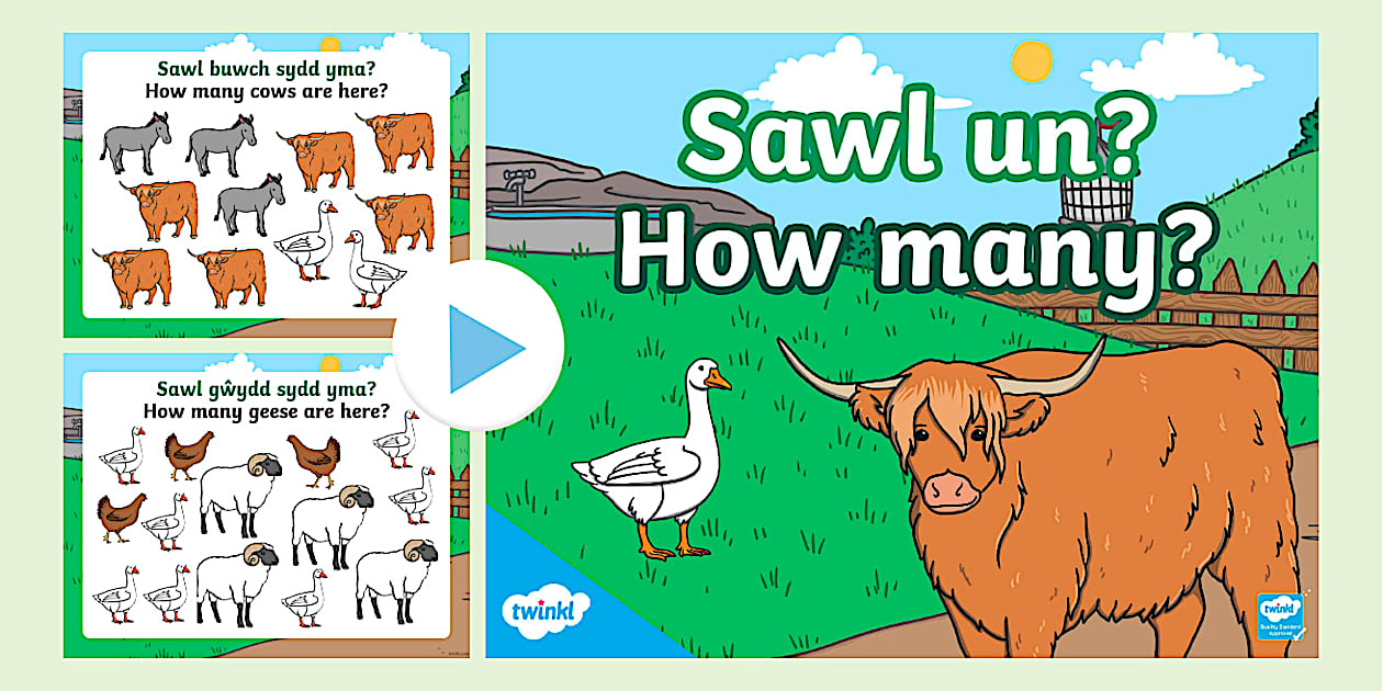 Learn Welsh: Counting to 10 in Welsh and English Farm Animals Powerpoint