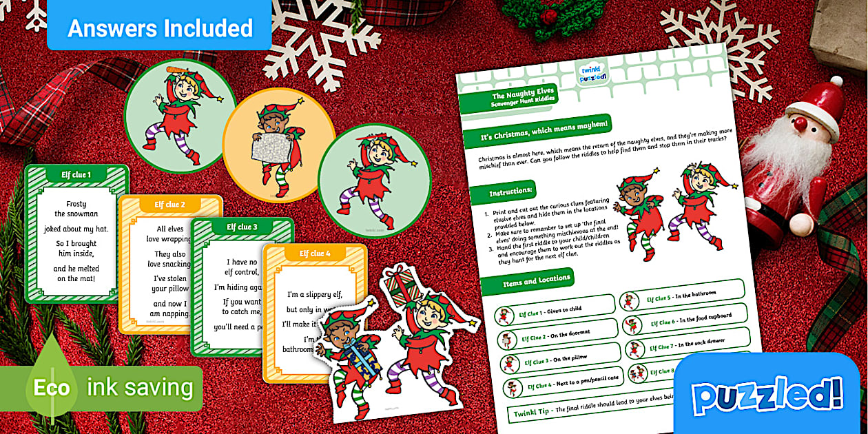 Elf Scavenger Hunt Riddles, The Naughty Elf | Twinkl Puzzled