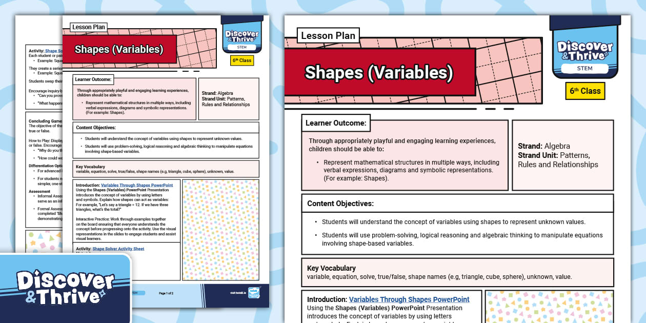 Shapes (Variables) Lesson Plan Sixth Class (teacher made)