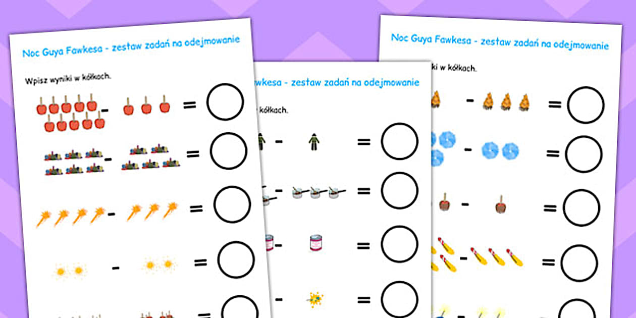 Odejmowanie Fajerwerki Noc Guya Fawkesa po polsku - Twinkl