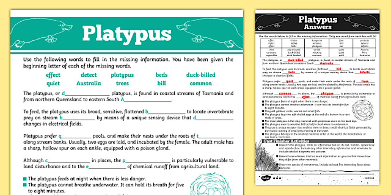 Australian Animals Years 3-6 Platypus Differentiated Cloze Passage ...