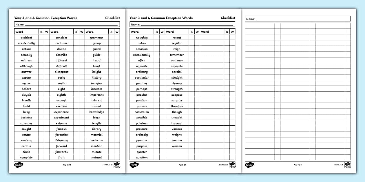 Common Exception Words Year 3 and 4 Checklist (teacher made)
