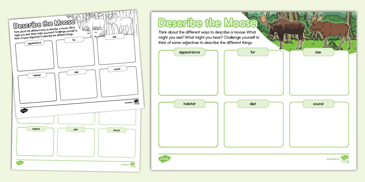 Moose Adjectives Worksheet (Hecho por educadores) - Twinkl