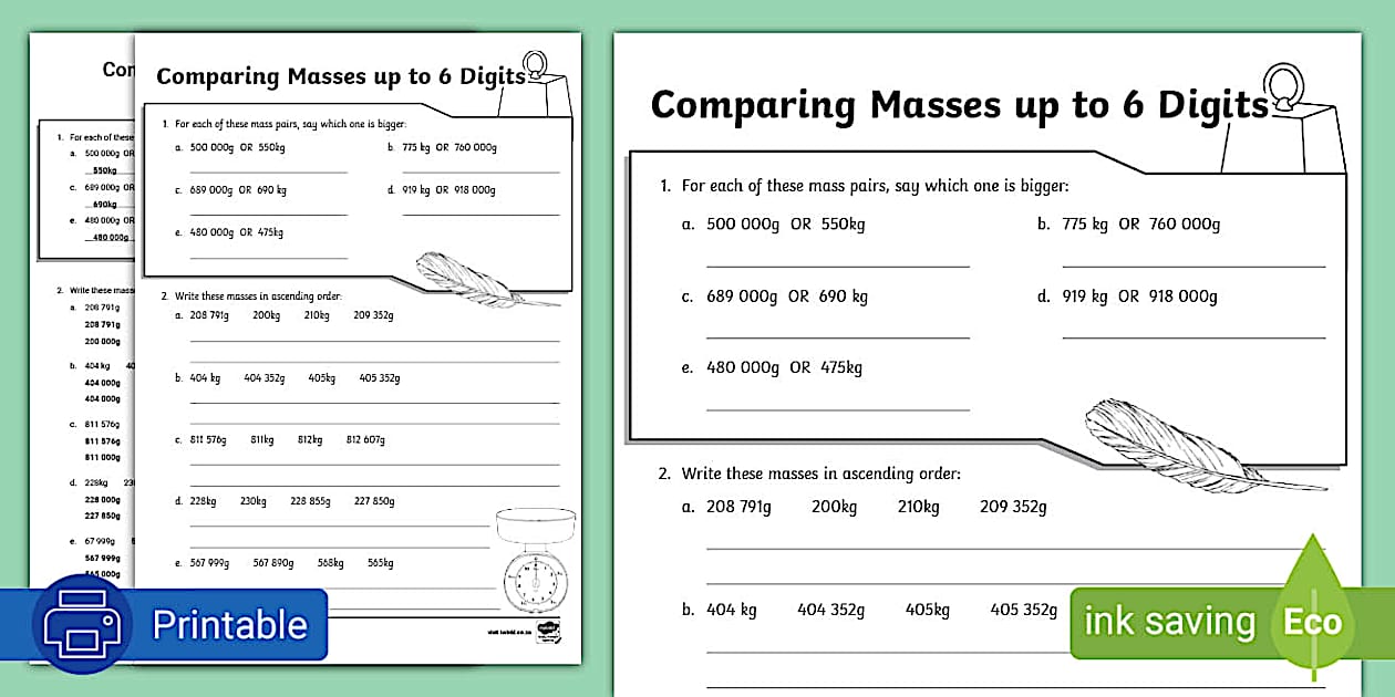 Comparing Masses up to 6-Digits Activity Sheet - Twinkl