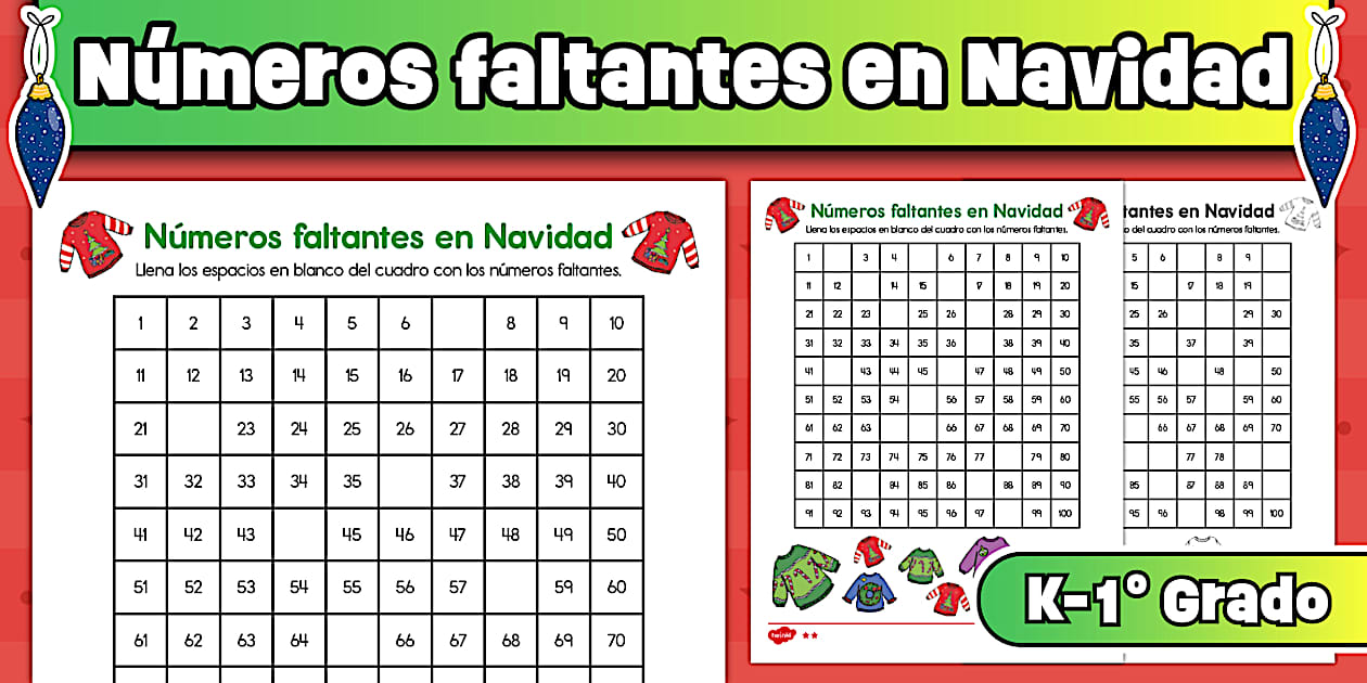 Actividad de Navidad de números faltantes hasta el 100