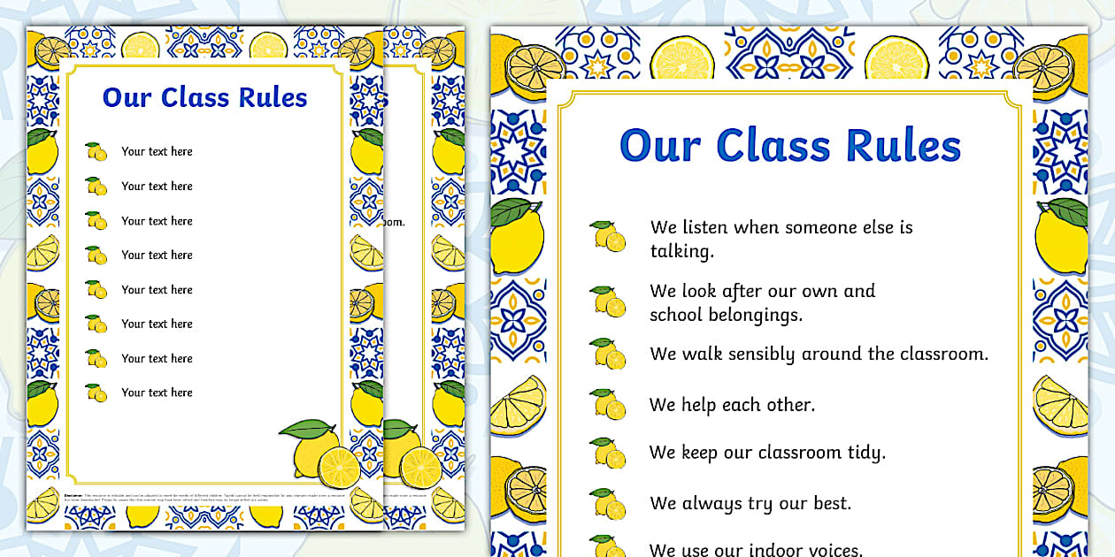 Mediterranean Lemon Editable Classroom Rules (teacher made)