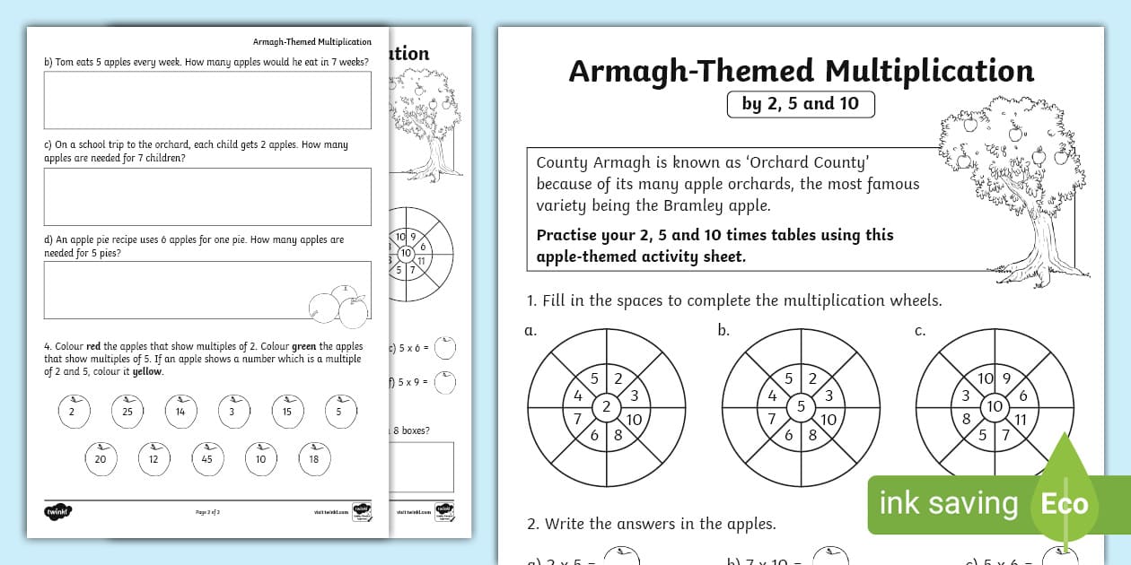 Armagh Themed Multiplication by 2, 5 and 10 Activity Sheet