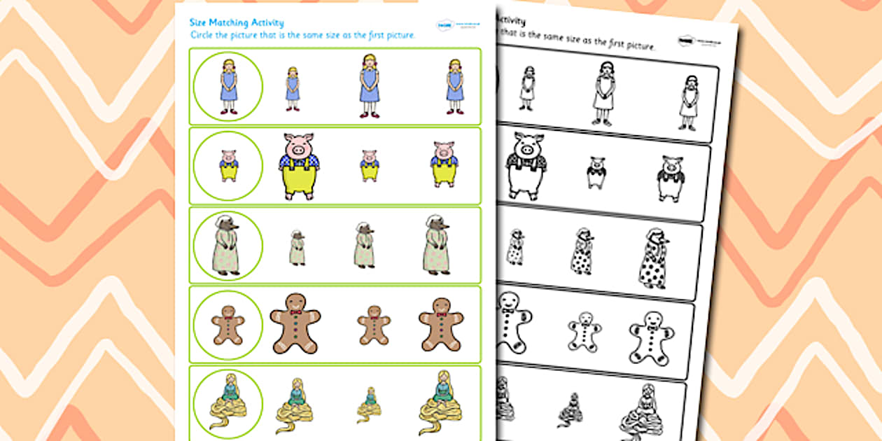 Traditional Tales Themed Size Matching Worksheet - Twinkl