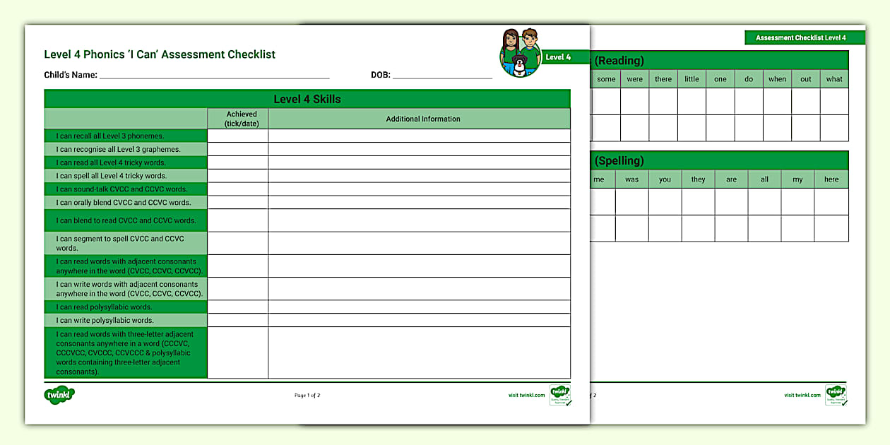 Twinkl Phonics Level 4 'I Can' Statements - Assessment Checklist