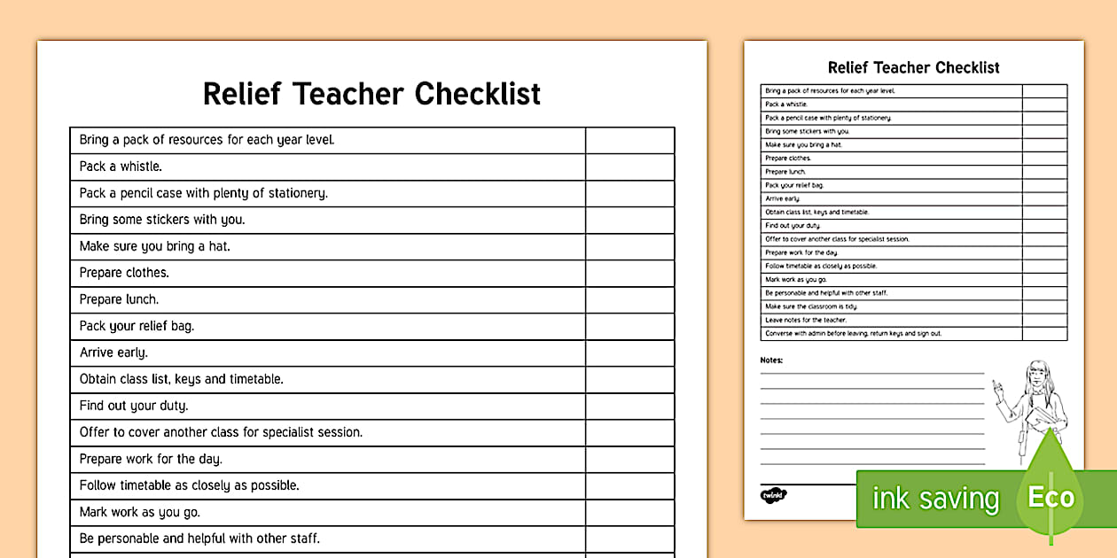 Relief Teaching Checklist - Casual Teaching Tips - Twinkl