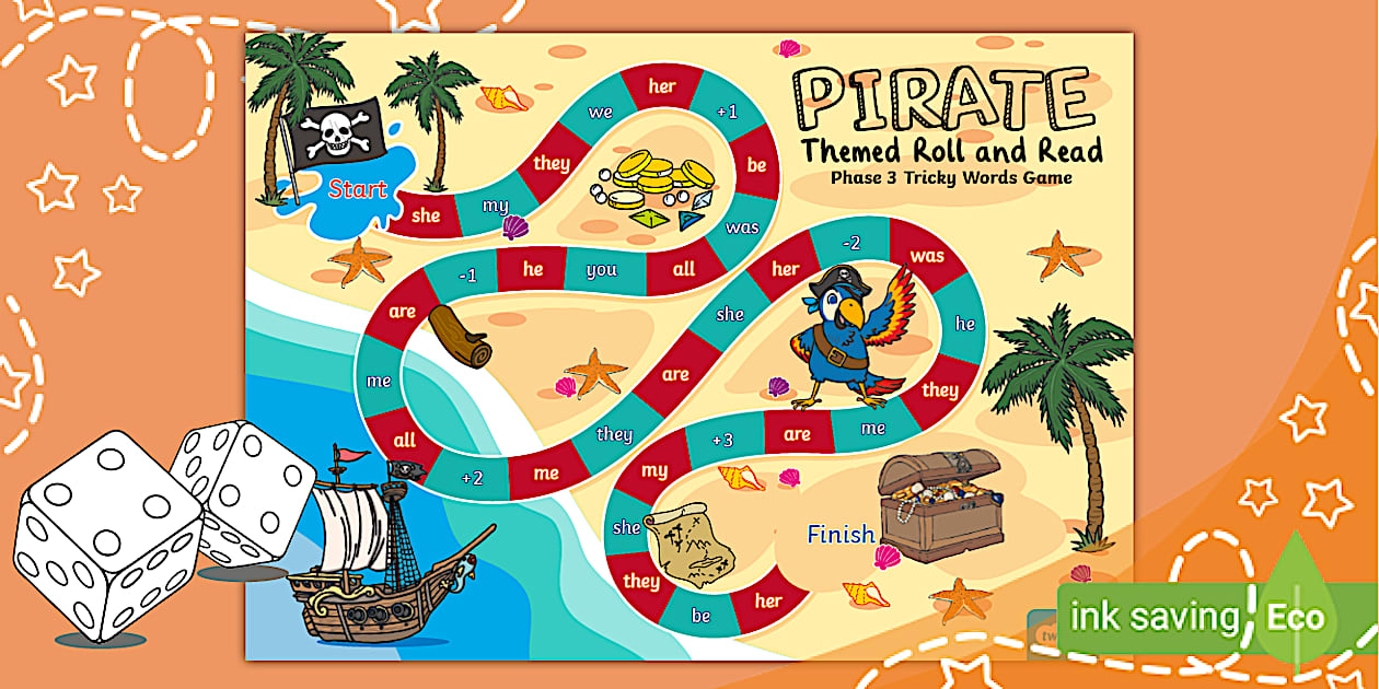Pirate-Themed Roll and Read: Phase 3 Tricky Words Game