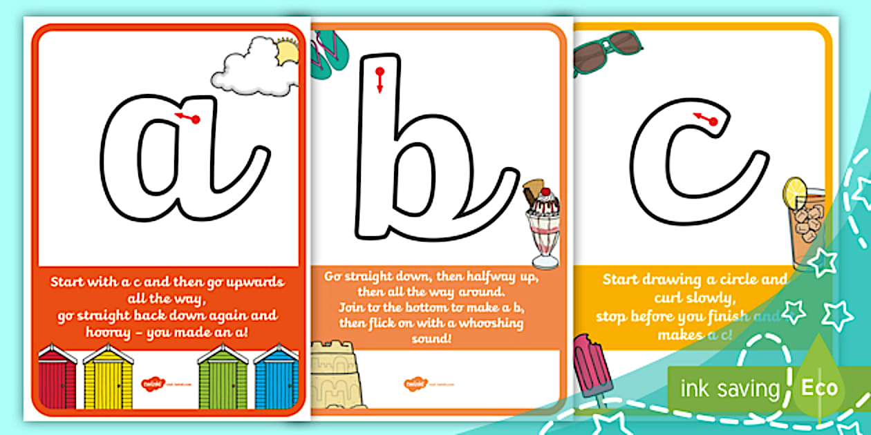 Summer-Themed Cursive Letter Formation Rhyme Posters