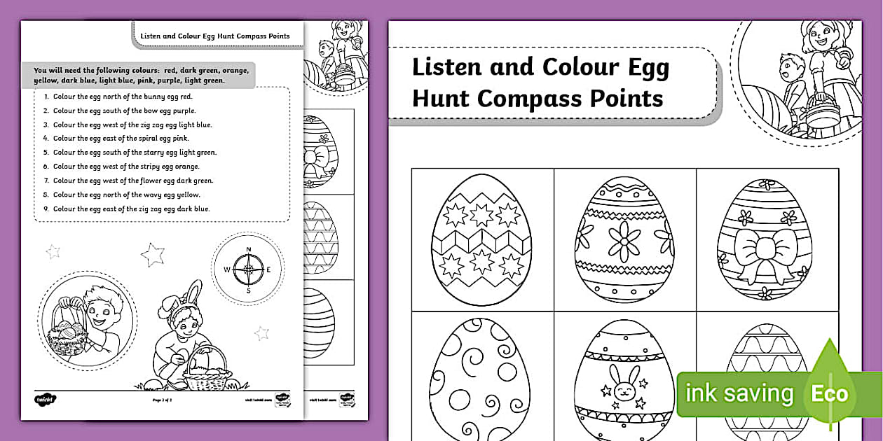 Listen and Colour Egg Hunt Compass Points Activity - Twinkl