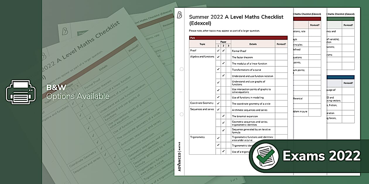 👉 Advance Information 2022 - A Level Maths Checklist (Edexcel)