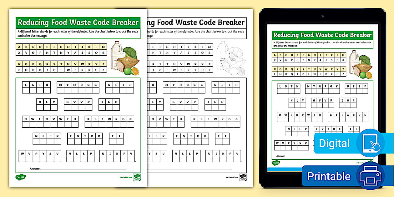 Reducing Food Waste Code Breaker for 3rd-5th Grade - Twinkl