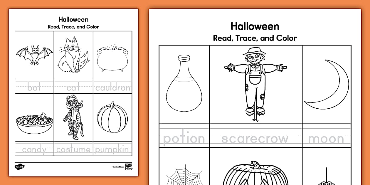 Halloween Read, Trace, and Color Worksheet for K-2nd Grade