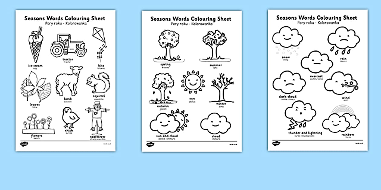 Season Words Colouring Sheets Polish Translation - Twinkl