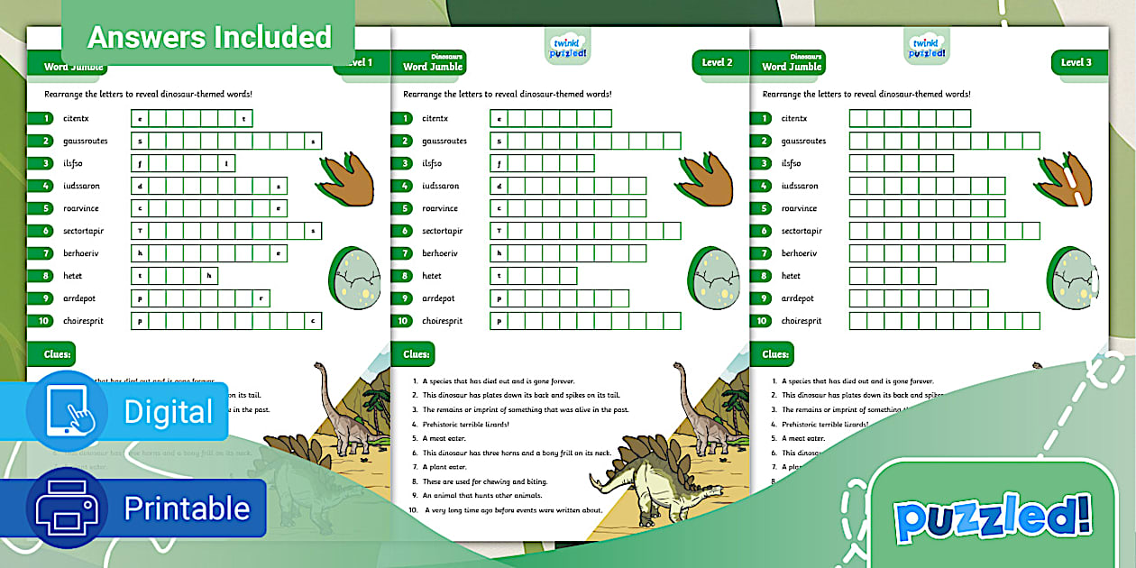 Fun Dinosaurs Word Jumble Puzzle Pack - Twinkl Puzzled