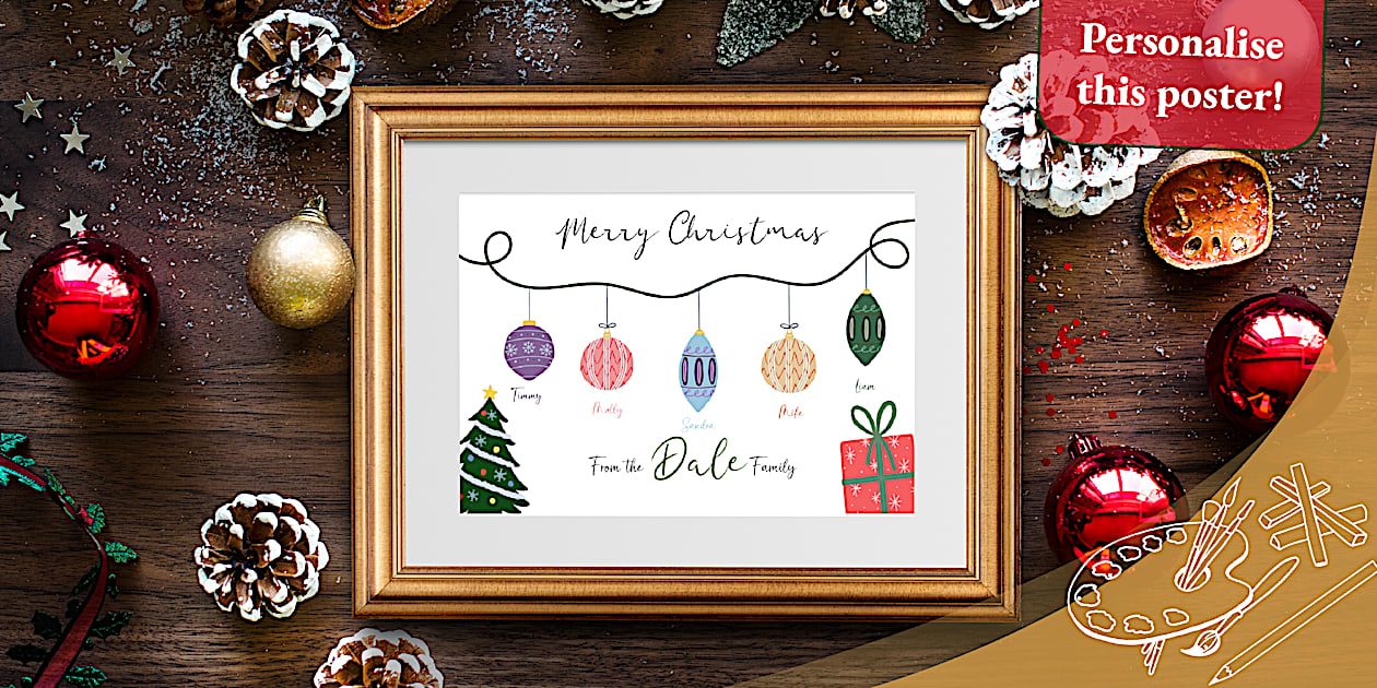 Personalised Christmas Baubles Family Editable Poster